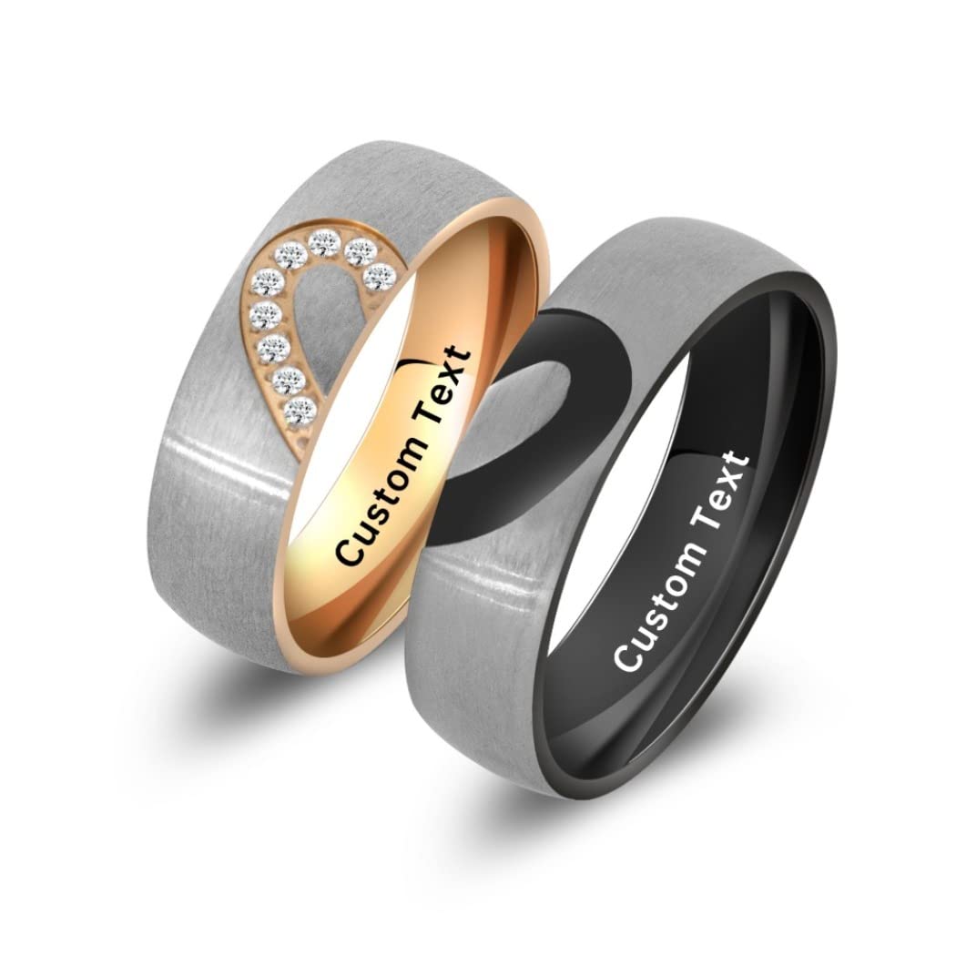 Matching Heart Rings His and Her Ring for Couples Couple Rings Set Love Women Promise Mens Women's Men Personalized Engraved Custom Name (Stainless Steel)