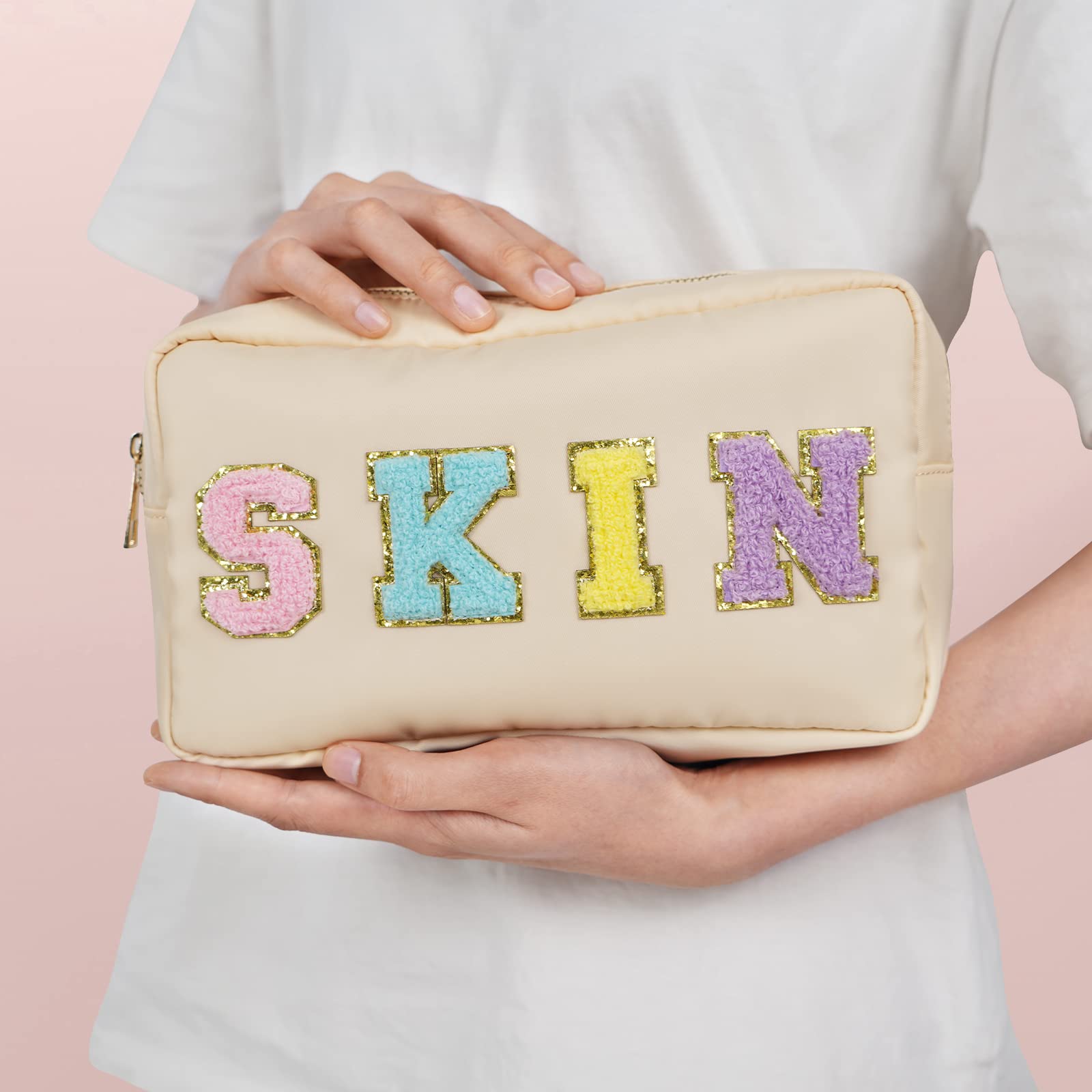 Preppy Patch Makeup Bag-Nylon Cosmetic Preppy Makeup Stuff Bag with Zipper-Varsity Chenille Letter Makeup Travel Organizer Valentines Bag that Kid Valentines Day present for Her and Him