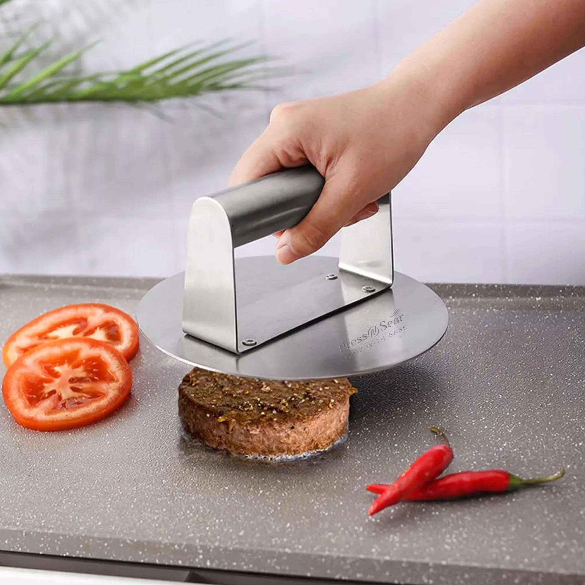 Press N Sear 6.2 Inch Heavy Duty Stainless Steel Smash Burger Press - Round Burger Smasher for Flat Top Grill, Professional Griddle Accessories Kit, Rust-Free and Easy to Clean.