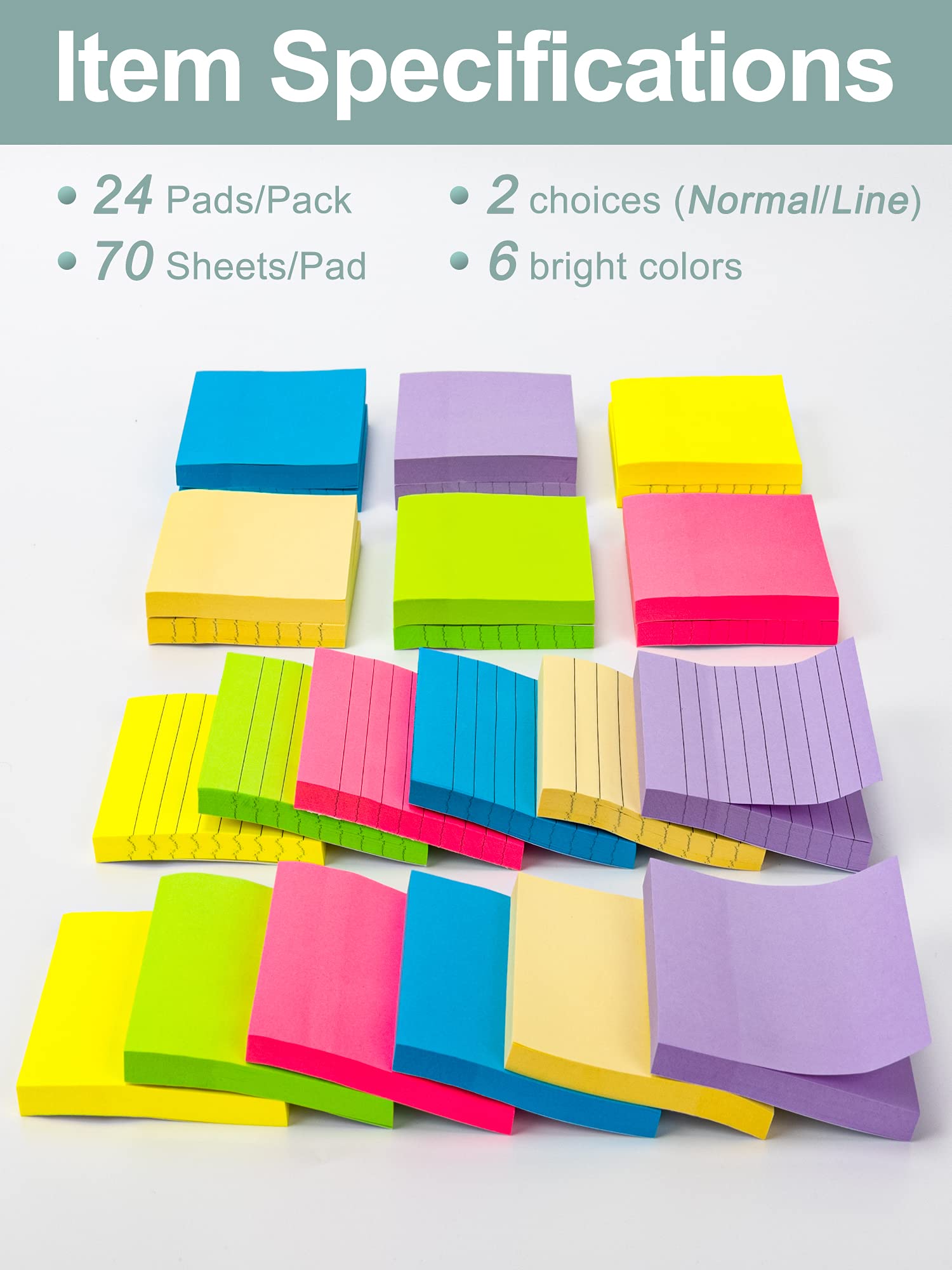 JARLINK 24 Pads Sticky Notes, 6 Bright Colors 3x3 Inches Self-Stick Pads, Easy to Post for Home, Office, Notebook, 70 Sheets/Pad, 2 Choices (Normal/Line)