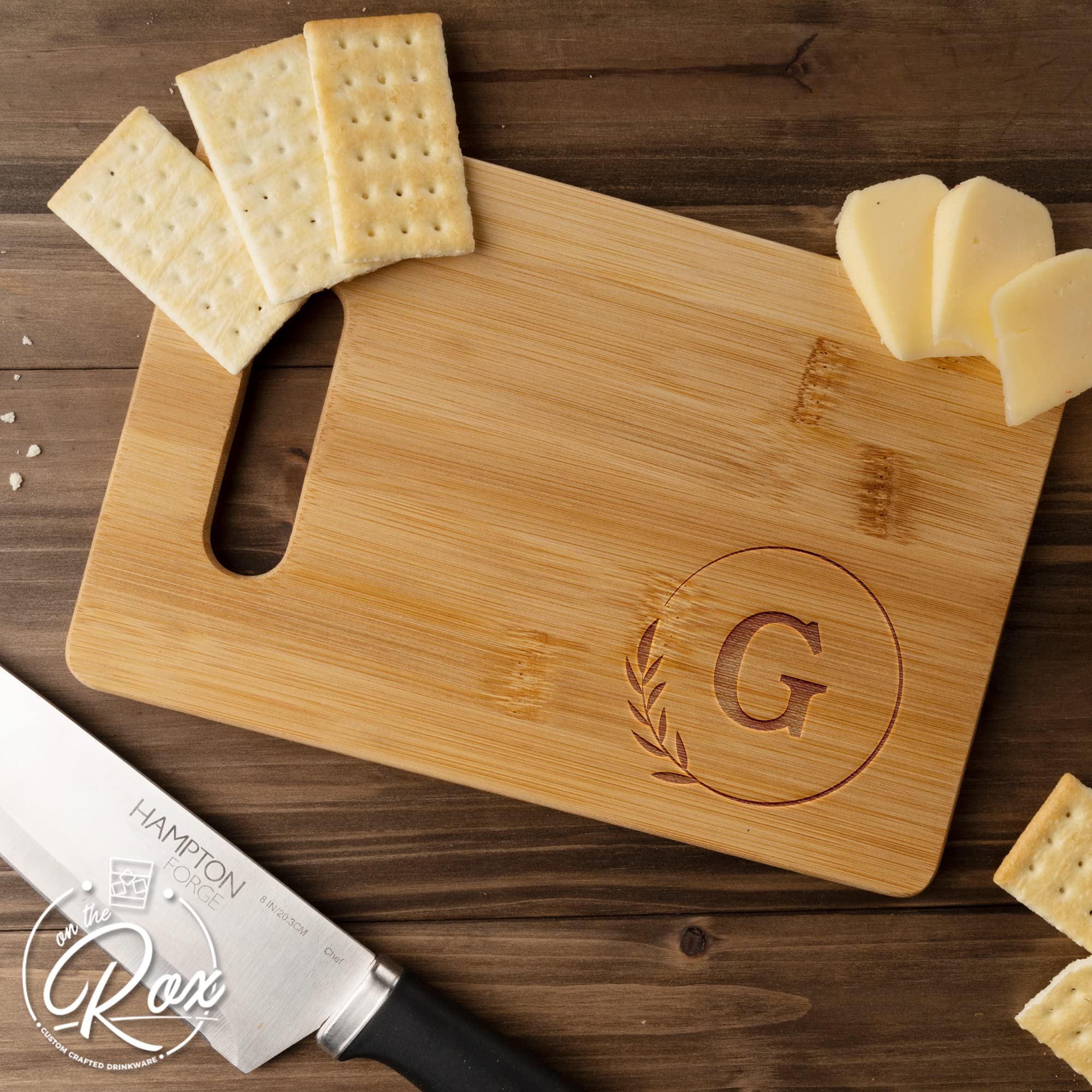 On The Rox Monogrammed Cutting Boards - 9β x 12β A to Z Personalized Engraved Bamboo Board (G) - Large Customized Wood Cutting Board with Initials - Wooden Custom Charcuterie Board Kitchen Gifts