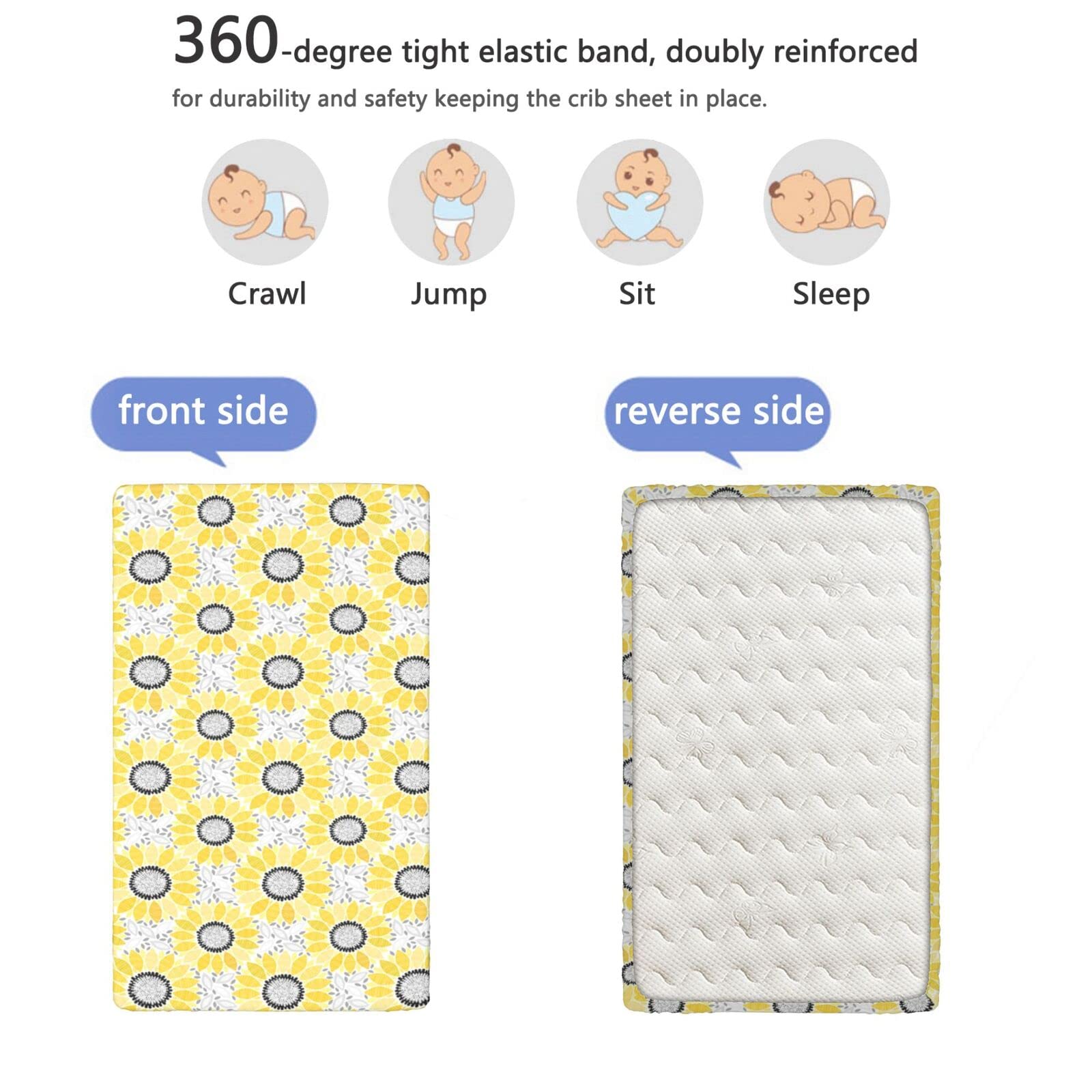 Sunflower Themed Fitted Mini Crib Sheets,Portable Mini Crib Sheets Soft Toddler Mattress Sheet Fitted-Baby Crib Sheets for Girl or Boy,24β x38β,Yellow Black Grey