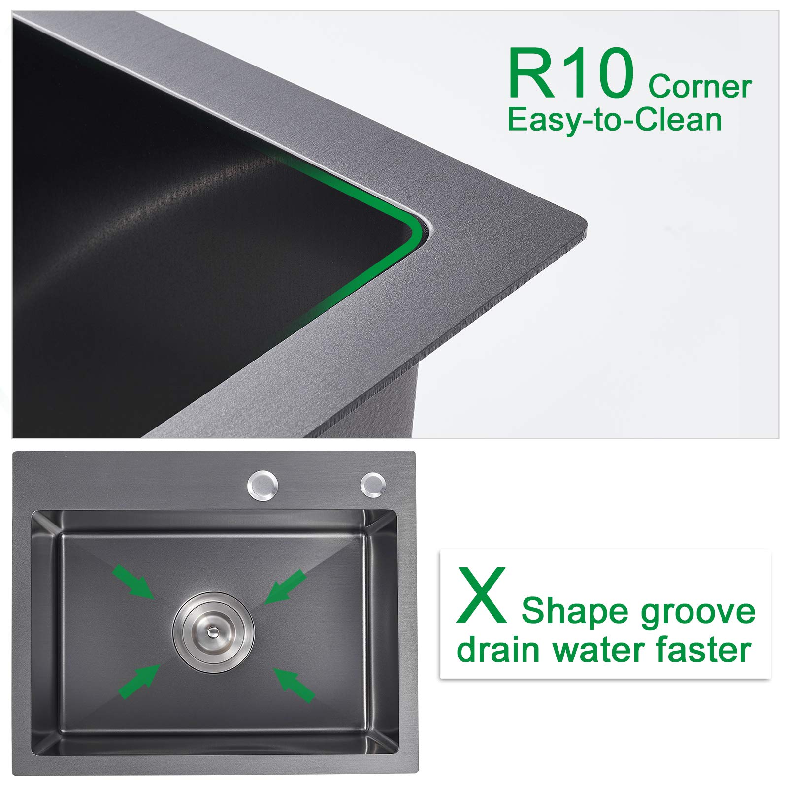 OUGOO 25 x 18inch Drop-in Tight Radius Black Stainless Steel Topmount Kitchen Sink Single Bowl