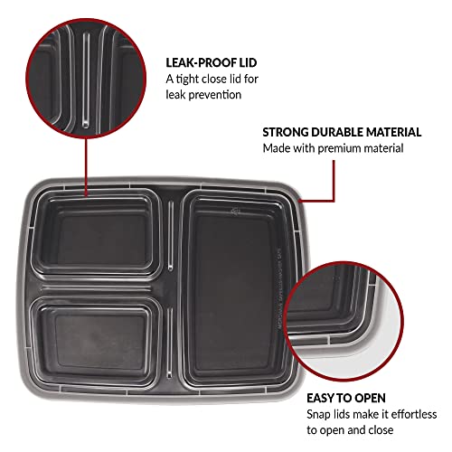 Reli. Meal Prep Containers, 32 oz. | 40 Pack | 3 Compartment Food Container w/Lids| Microwavable Food Storage Containers/To Go | Black Reusable Bento Box/Lunch Box Containers for Food/Meal Prep