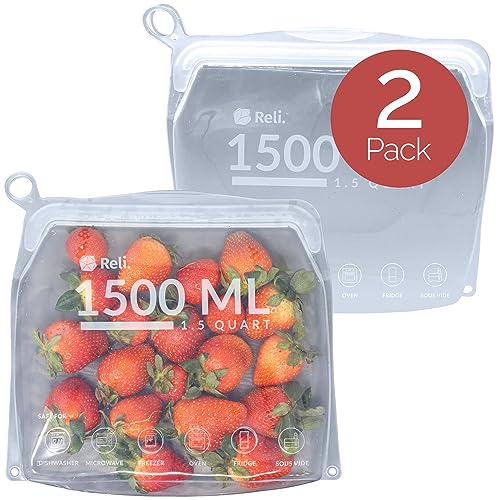 Reli. Reusable Silicone Bags (2 Pack) | Gallon (1500 ml), Clear | Silicone Freezer Bags for Food Storage| Reusable Food Storage Bags for Food, Meal Prep, Storage | Dishwasher/Freezer Safe