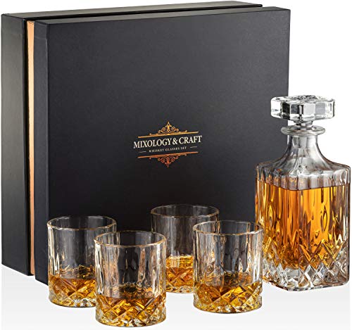Mixology Whiskey Decanter and Glass Set for Men, Crystal Bourbon Decanter Set with 10oz Whiskey Glasses in a Classy Gift Box, Perfect for Scotch, Bourbon and Cognac - Gifts for Men