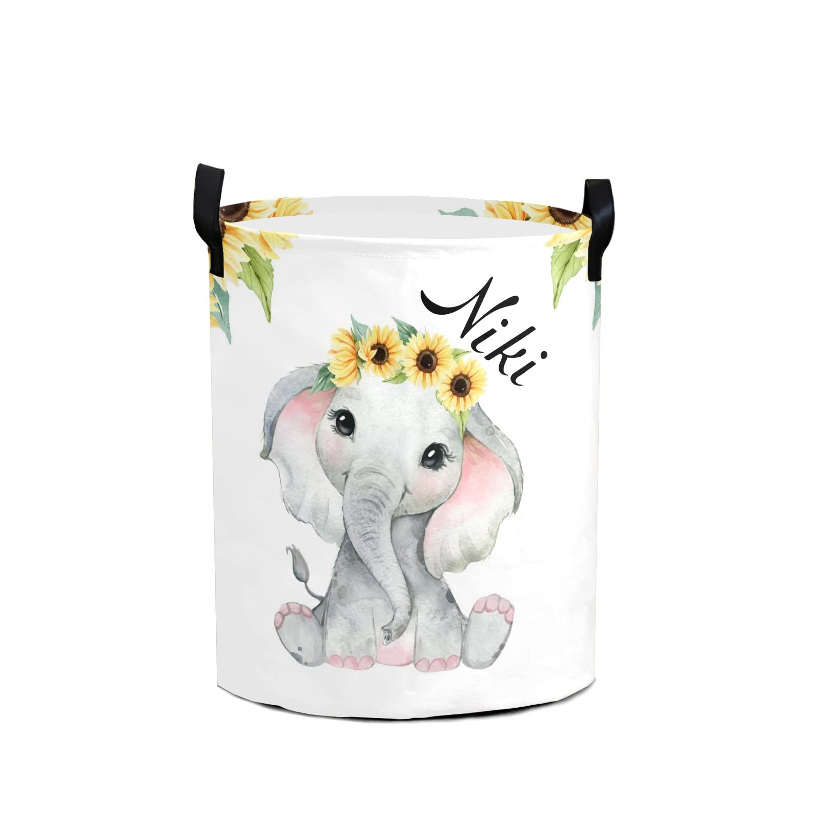 Sunflower Elephant Round Laundry Basket Personalized with Name Waterproof Canvas Clothes Basket Laundry Hamper with Handles for Kids Room Bedroom Gift Baskets