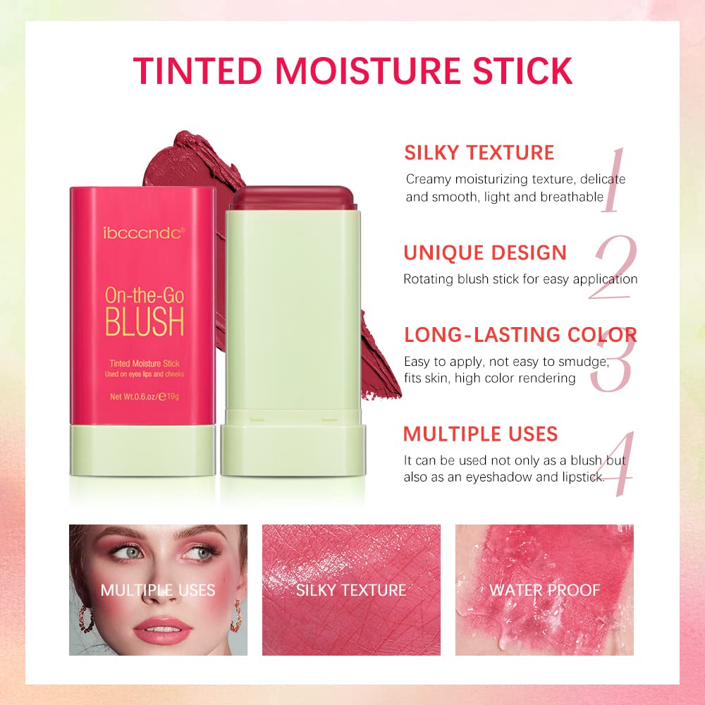 Ibcccndc Cream Blush Stick - Multi-Use Makeup Stick for Cheeks and Lips with Hydrating Formula, 2-in-1 Beauty Blush Stick with Soft Cream, On-the-Go Blendability (hot red)