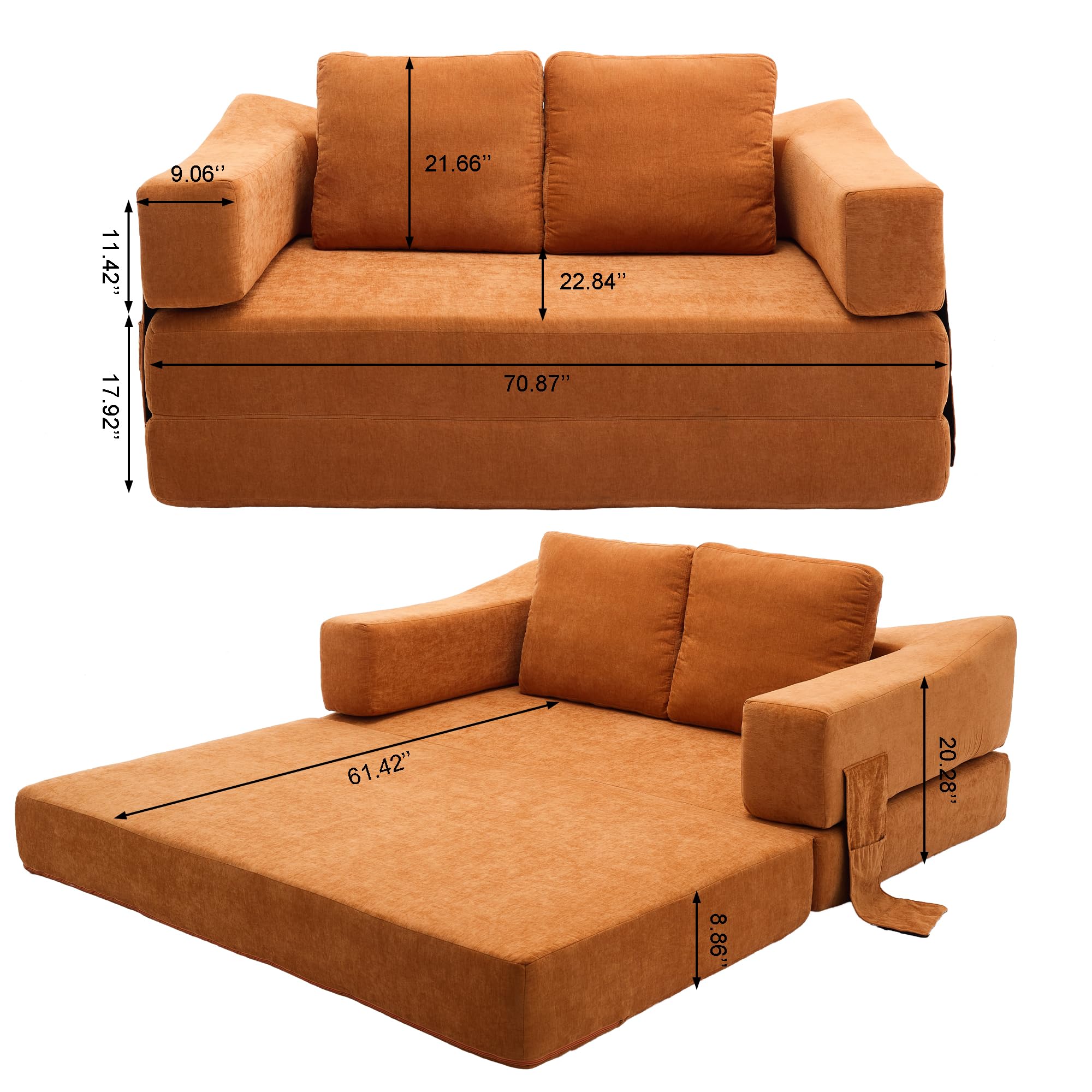 WILLIAMSPACE 70.87" Modern Loveseat Sofa Fold-Out Sofa Bed, Convertible Chair Floor Couch with Removable Backrest, Comfy Sofa for Living Room, Bedroom, Chenille Fabric (Orange)