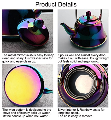 Onlycooker Whistling Tea Kettle Stainless Steel Stovetop Teakettle with Infuser Sturdy Teapot for Tea Coffee Fast Boiling Color Rainbow Mirror Finish 2 Liter / 2.1 Quart