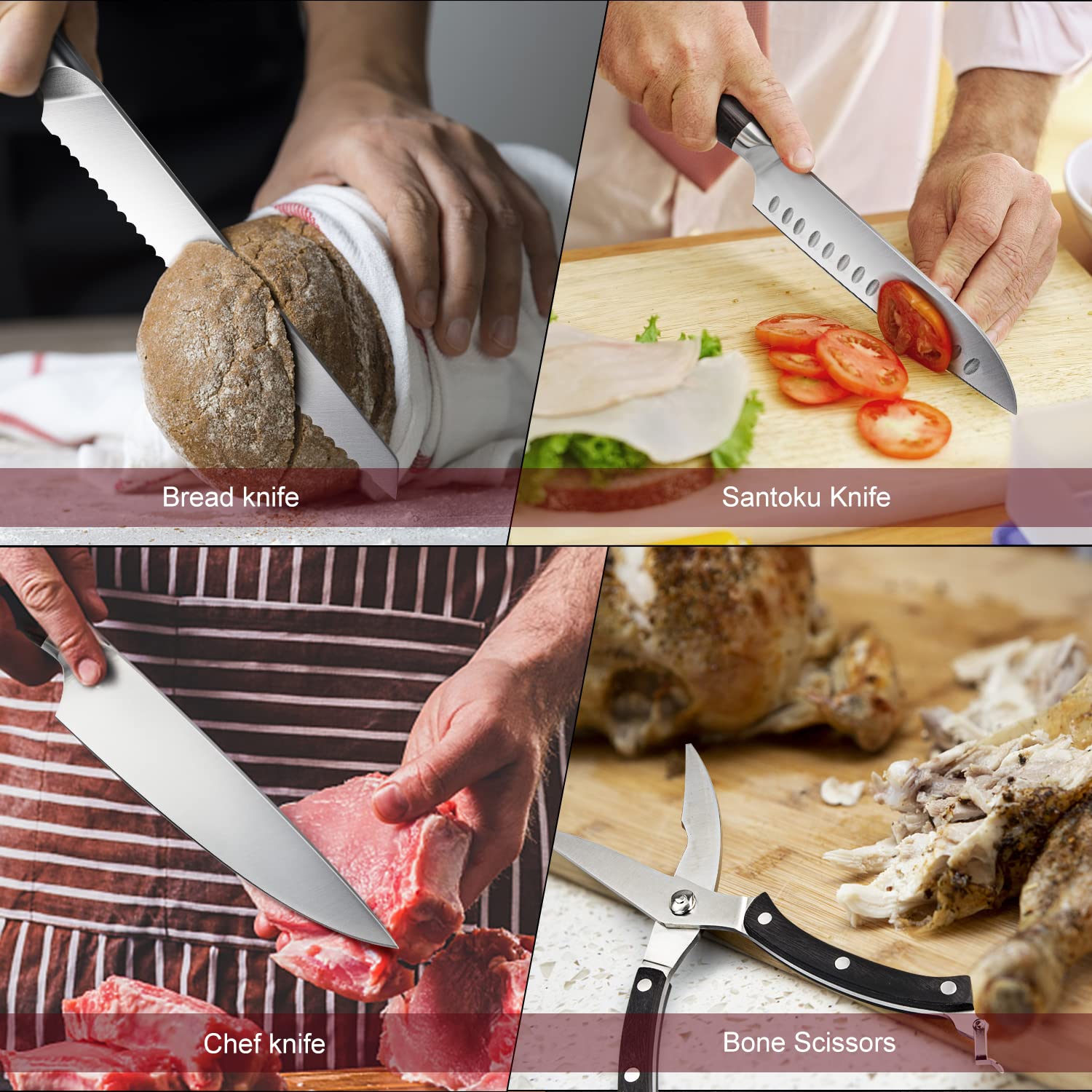 SHAN ZU Knife Set for Kitchen with 2 in 1 Knife Block, 16 Pieces German Steel Professional Chef Knife & Steak Knife Set, Ultra Sharp Kitchen Knives Set with Sharpener