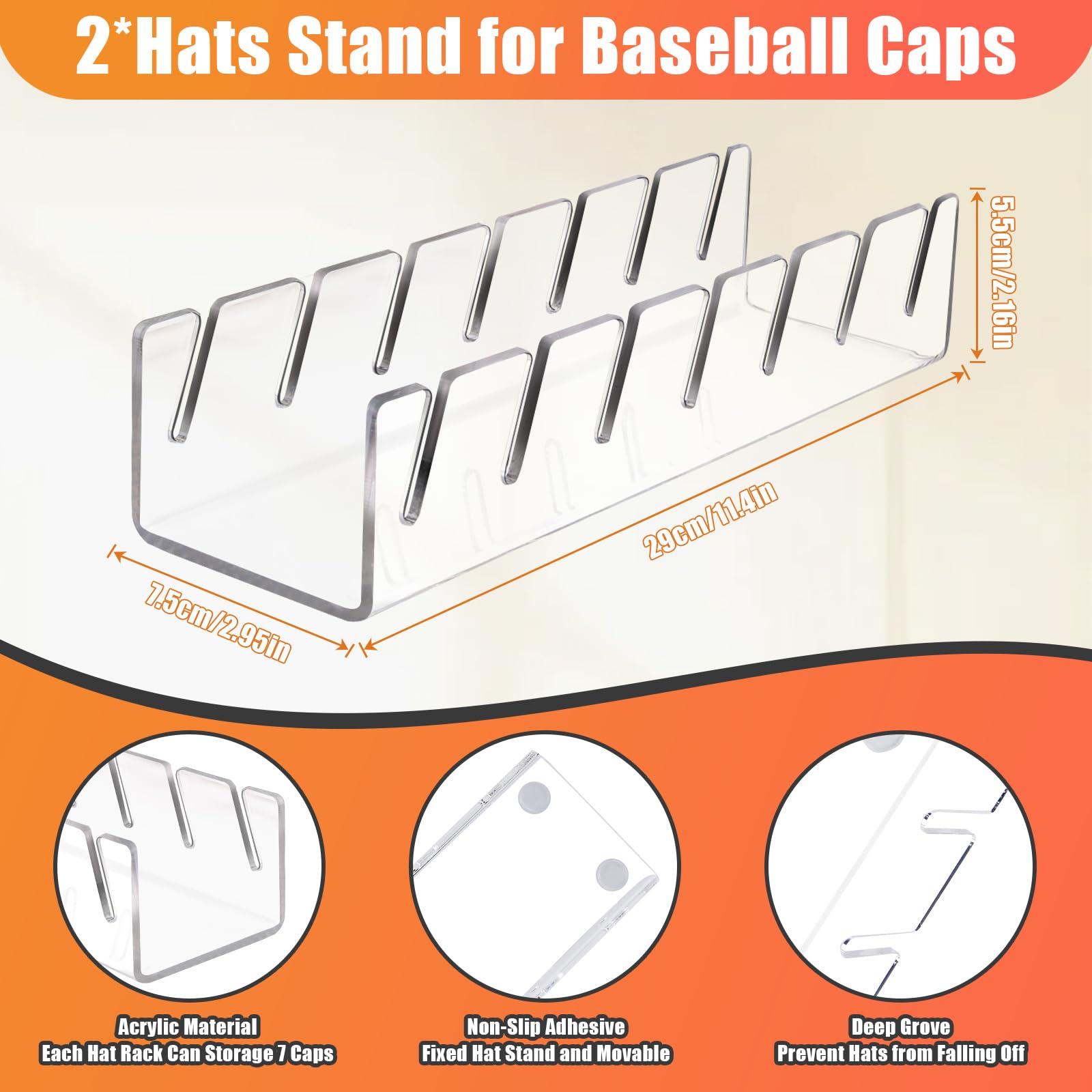 Sloworld Hat Stand for Baseball Caps, 2 Pcs No Install Acrylic Hat Organizer for 14 Baseball Caps, Hat Racks for Baseball Caps Display and Organizer for Bedroom, Closet, Dresser, Office (clear*2)