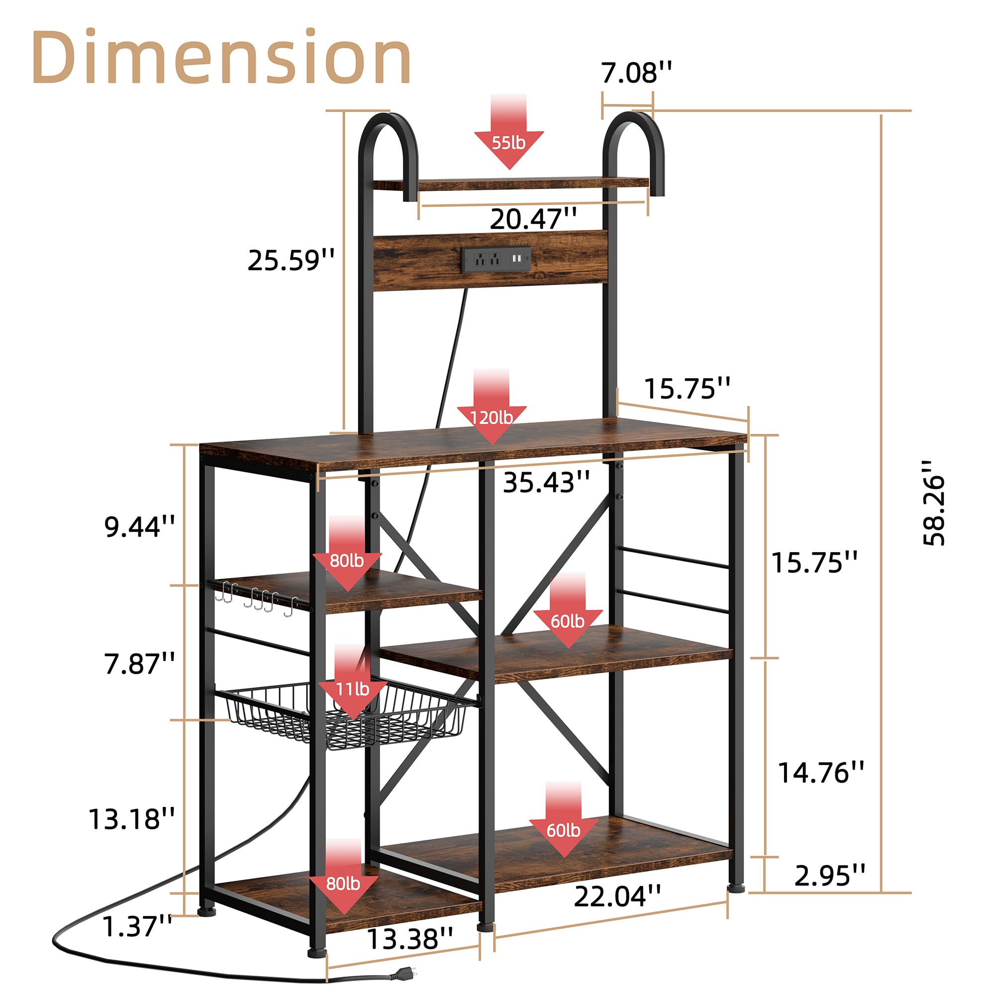 JAMFLY Bakers Rack with Power Outlet, Microwave Stand, kitchen Storage Shelf with 6 Hooks, Coffee Bar Station with Wire Basket, 6 Tier Kitchen Rack for Living Room, Spice, Pots and Pans Organizer