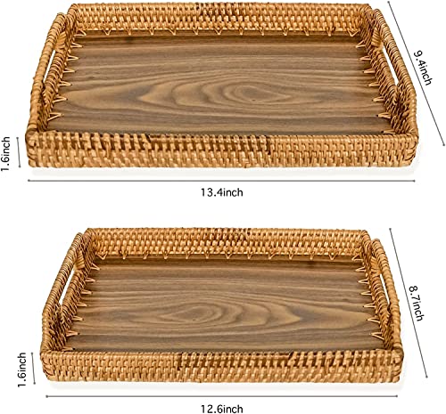 Rattan Decorative Tray with Natural Wood - Coffee Table/Ottoman Tray - Vanity Tray - Fruit Basket - Serving Tray (Small)