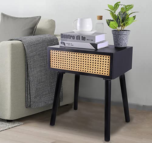 Rattan Nightstand, Small End Table with Storage (No Assembly Required), Black Side Tables Bedside Table Mid-Century Modern Style Coffee Table for Living Room Bedroom Balcony Office