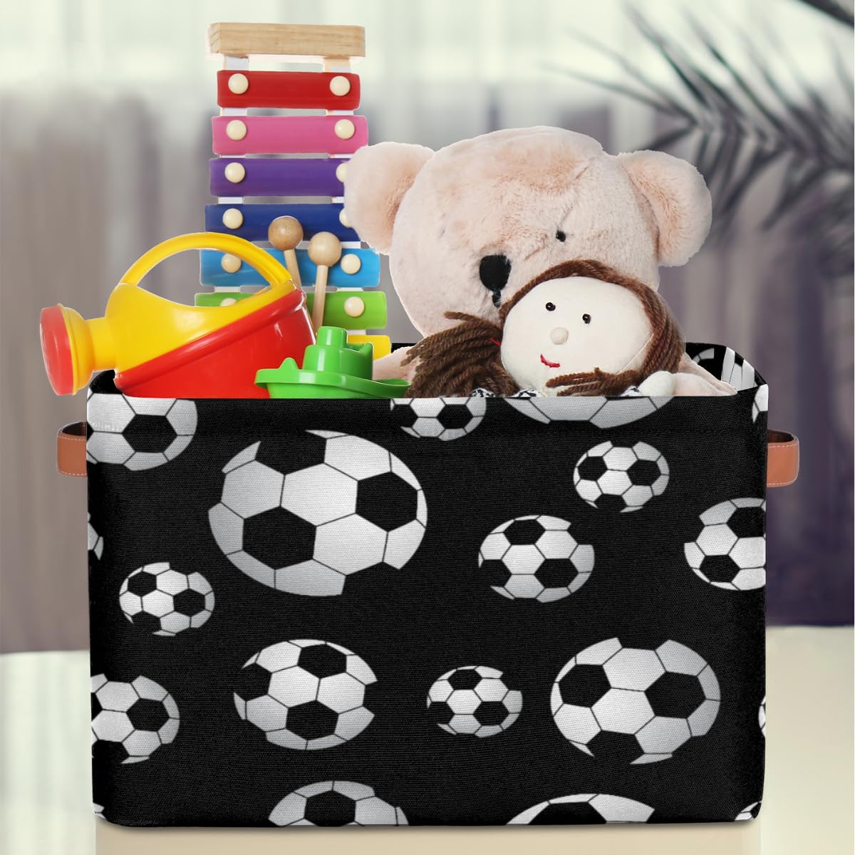 Soccer Storage Bin Basket, Fottball Large Toys Storage Cube Box with Handles, Collapsible Laundry Basket Rectangular Waterproof Storage Organizer Bin for Nursery Bedroom Playroom Shelves Gift Basket