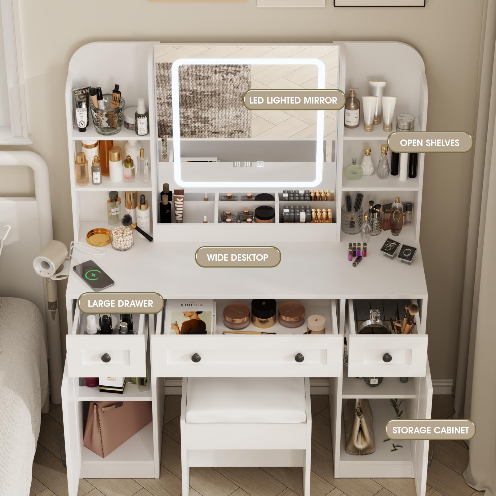 Vabches Black Vanity Desk, Vanity Mirror with Lights, Makeup Vanity Desk with Stool, Vanity Table with Large Storage Drawers and Shelves, Time and Temperature Display, 3 Led Lighting Modes Adjustable