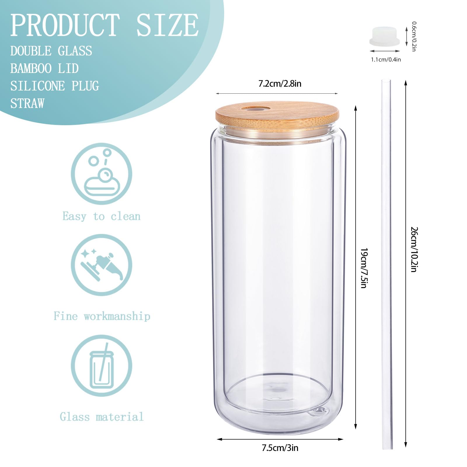 YOUKE OLA 6 Pack Pre Drilled Beer Glass Can Shaped Blank Double Wall Glass Cans with Rubber Stopper Bamboo Lid & Glass Straws for Snow Globe Glitter DIY 16oz