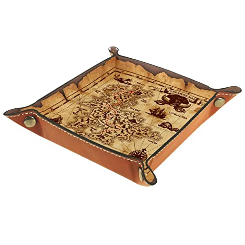 Leather Tray Valet Tray Bedside Organizer Desk Storage Plate Catchall Vintage Pirate Nautical Treasure Map
