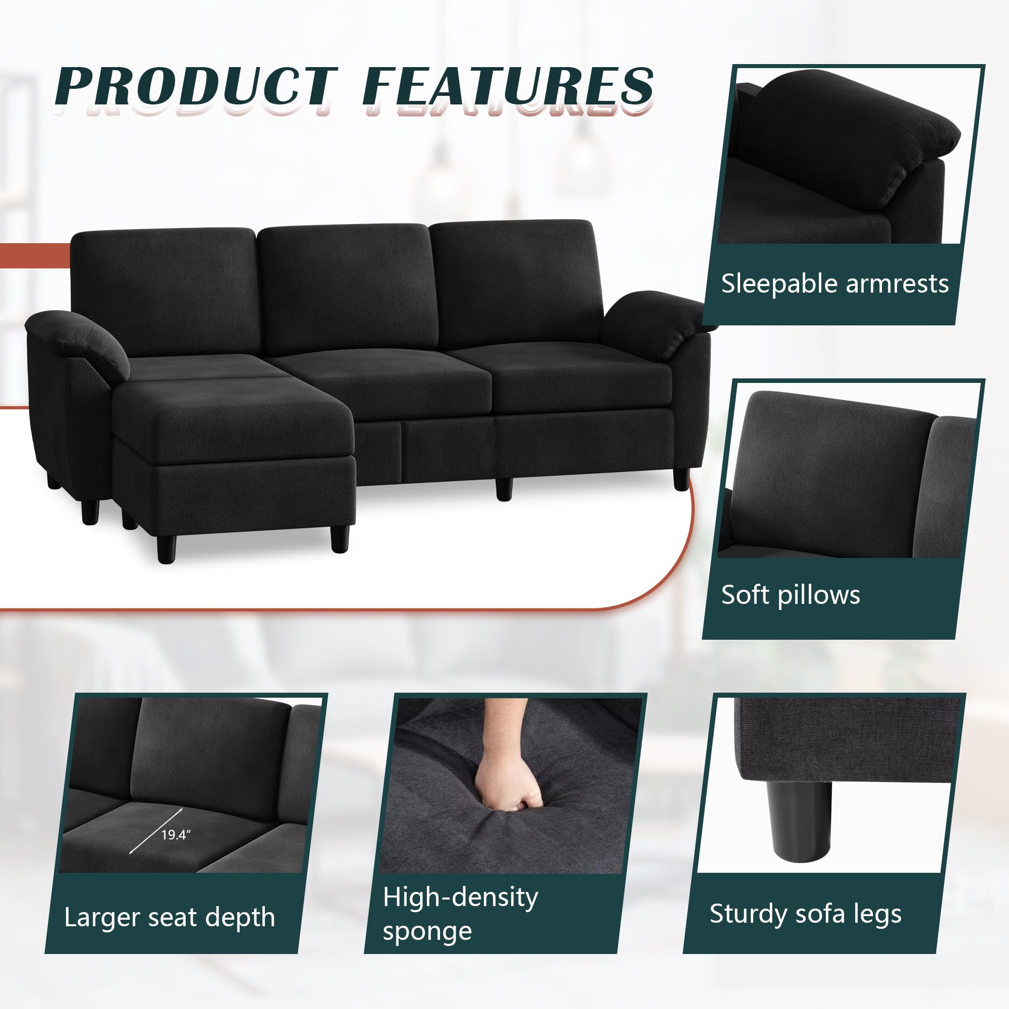 Vongrasig 79" Convertible Sectional Couch, 3 Seat L Shaped Sofa with Removable Pillows Linen Fabric Small Couch Mid Century for Living Room, Apartment and Office (Black)