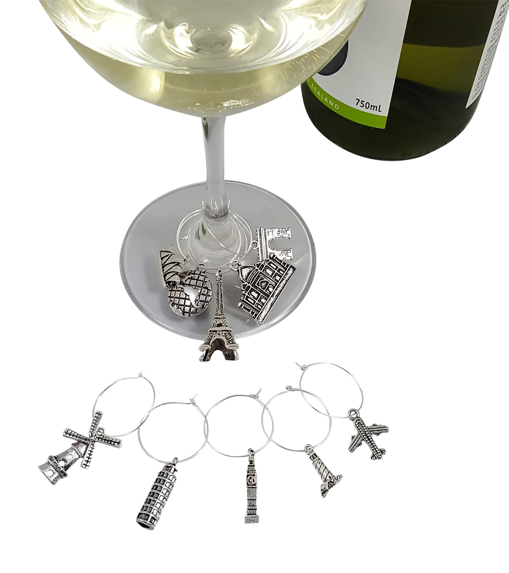 Palm City Products Travel & Animal Themed Wine Charm Gift Set with 20 Beautiful Wine Charms