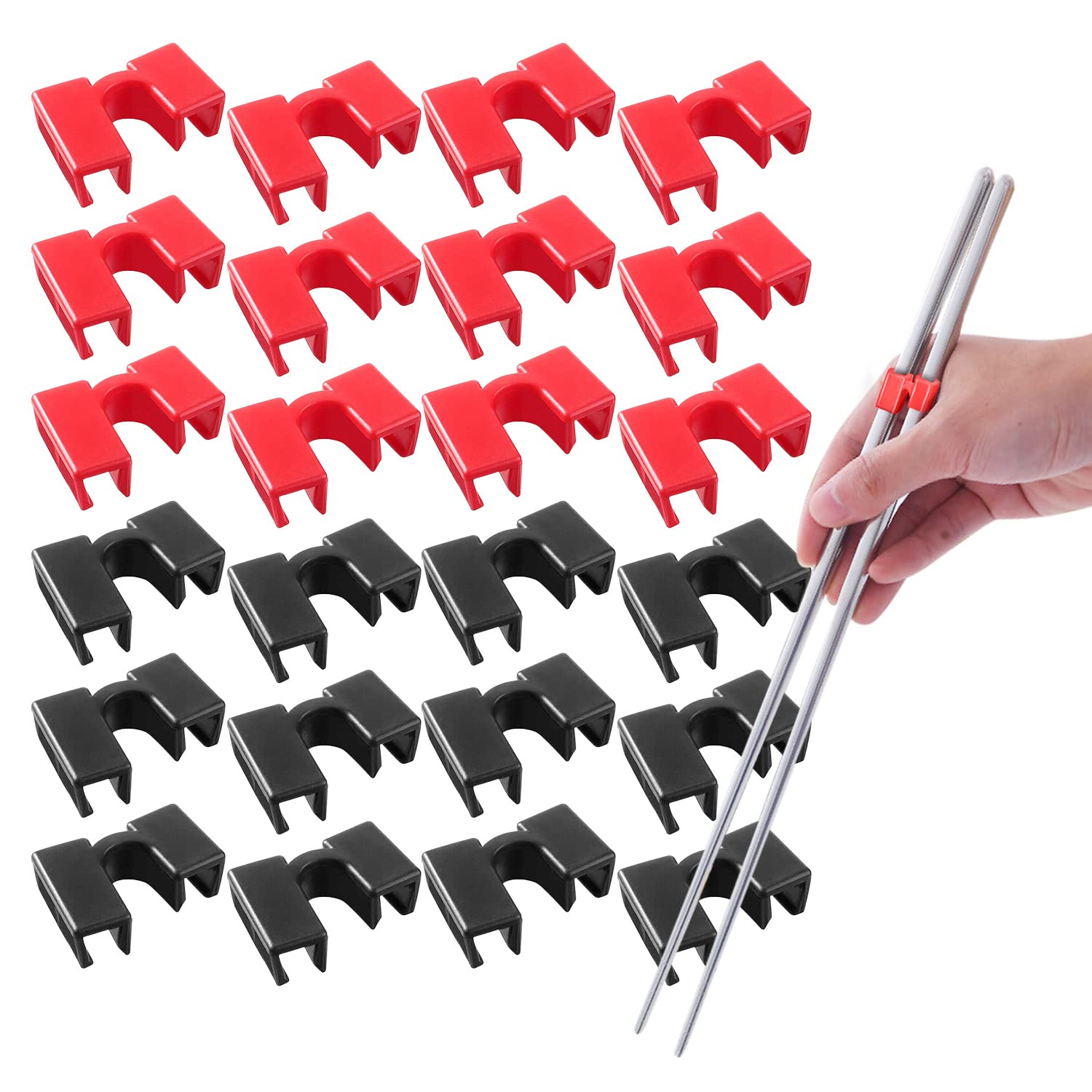 LYART 24 Pieces Reusable Kid Training Chopstick Helper for Kids Adults Beginner Learner or Trainers, Plastic Practice Chop Stick Pack, Hinges Connector (Black 12pcs + Red 12pcs)