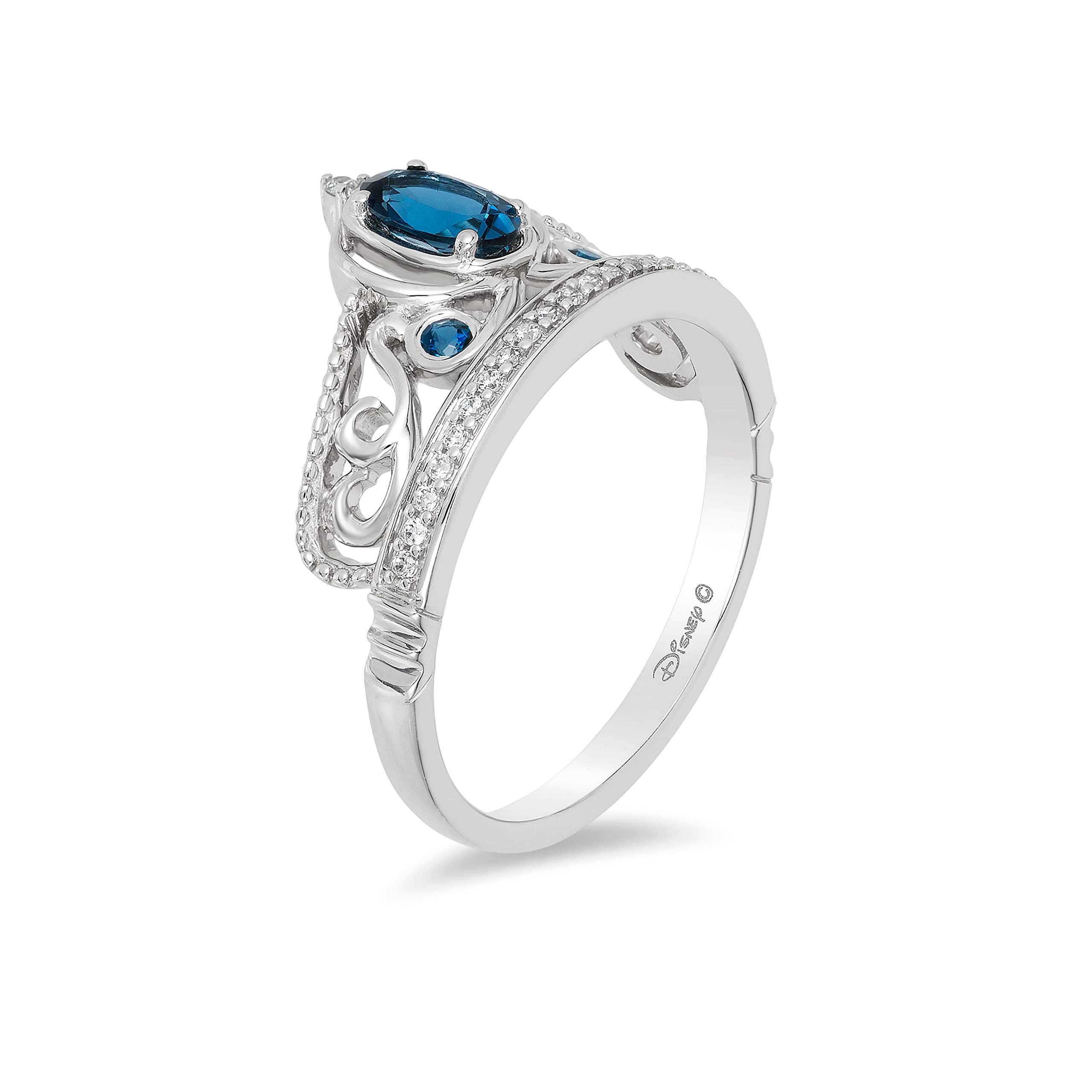 Jewelili Enchanted Disney Fine Jewelry Sterling Silver 6x4 MM London Blue Topaz with 1/10 Cttw Diamonds Cinderella Carriage Tiara Ring, Size 7