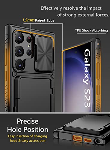 Vihibii Case with Card Holder (4 Cards) & Sliding Camera Cover & Kickstand, Shockproof Rugged Hard Back & TPU Edge Wallet Case for Samsung Galaxy S23 Ultra 5G 6.8" 2023 , Black