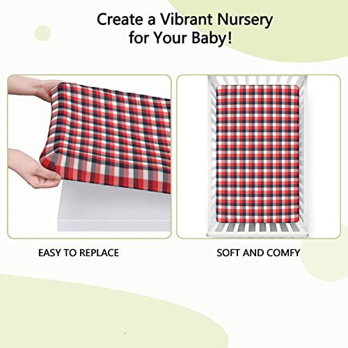Plaid Themed Fitted Mini Crib Sheets,Portable Mini Crib Sheets Ultra Soft Material-Baby Sheet for Boys Girls,24β x38β,Vermilion Dark Blue White