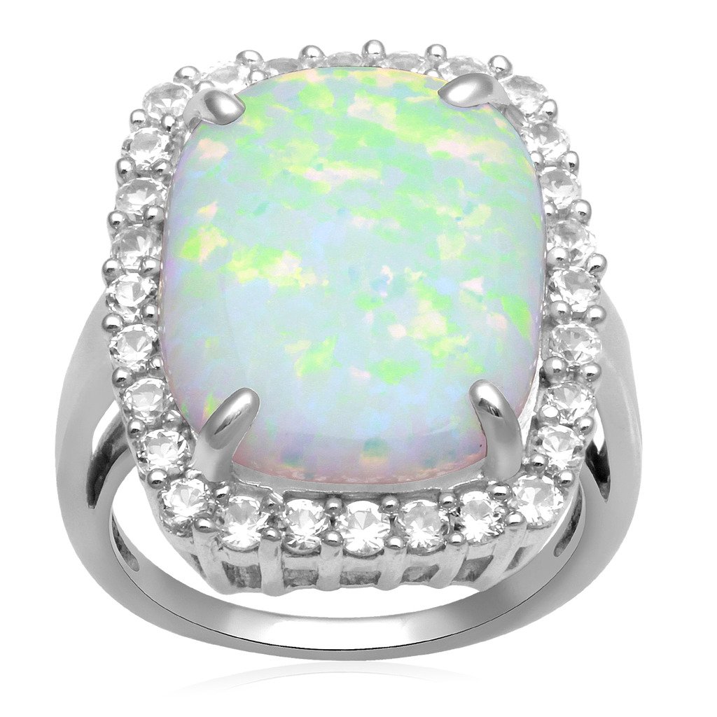 Jewelili Halo Ring in Sterling Silver with Cushion Cut Created Opal and Round Created White Sapphire, Size 7