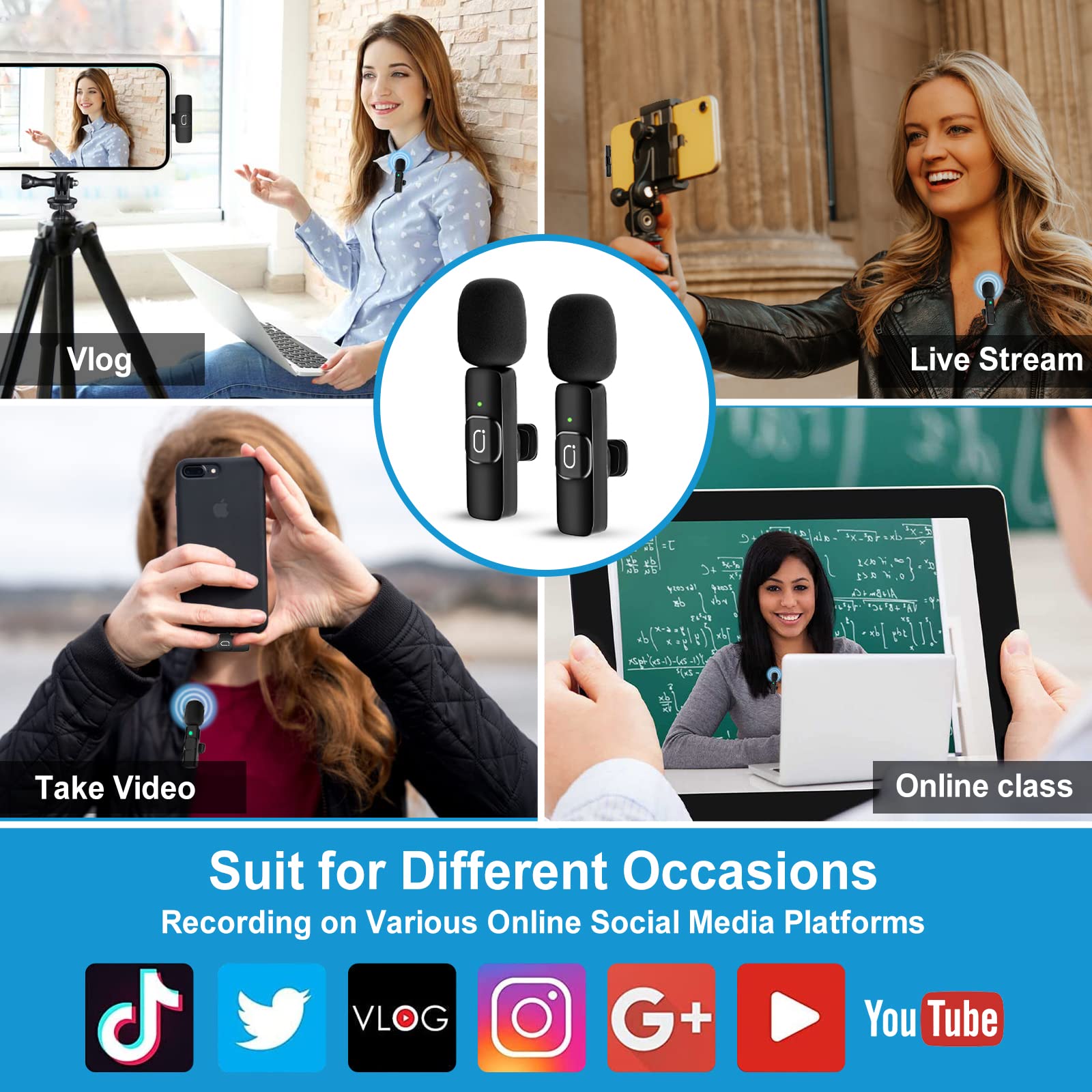 JAUYXIAN K37 Wireless Lavalier Microphone for iPhone, 2 Packs Cordless Lapel Mics, Mini Microphones Recording Mic for Live Stream, Plug-Play/Noise Reduction / 10H for Podcast Vlog YouTube