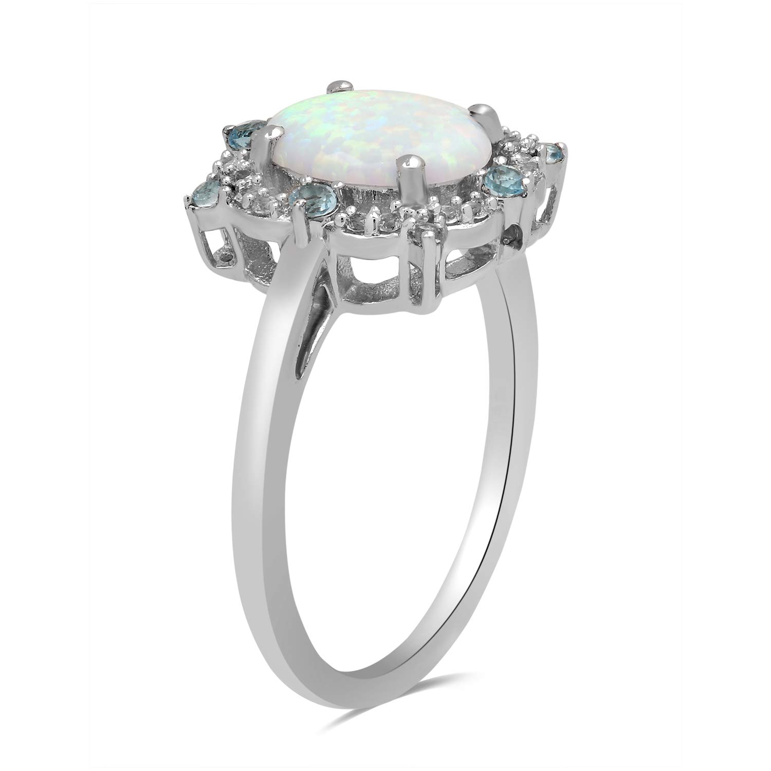 Jewelili Halo Ring in Sterling Silver with Oval Shape Created Opal, Round Swiss Blue Topaz and Created White Sapphire, Size 7