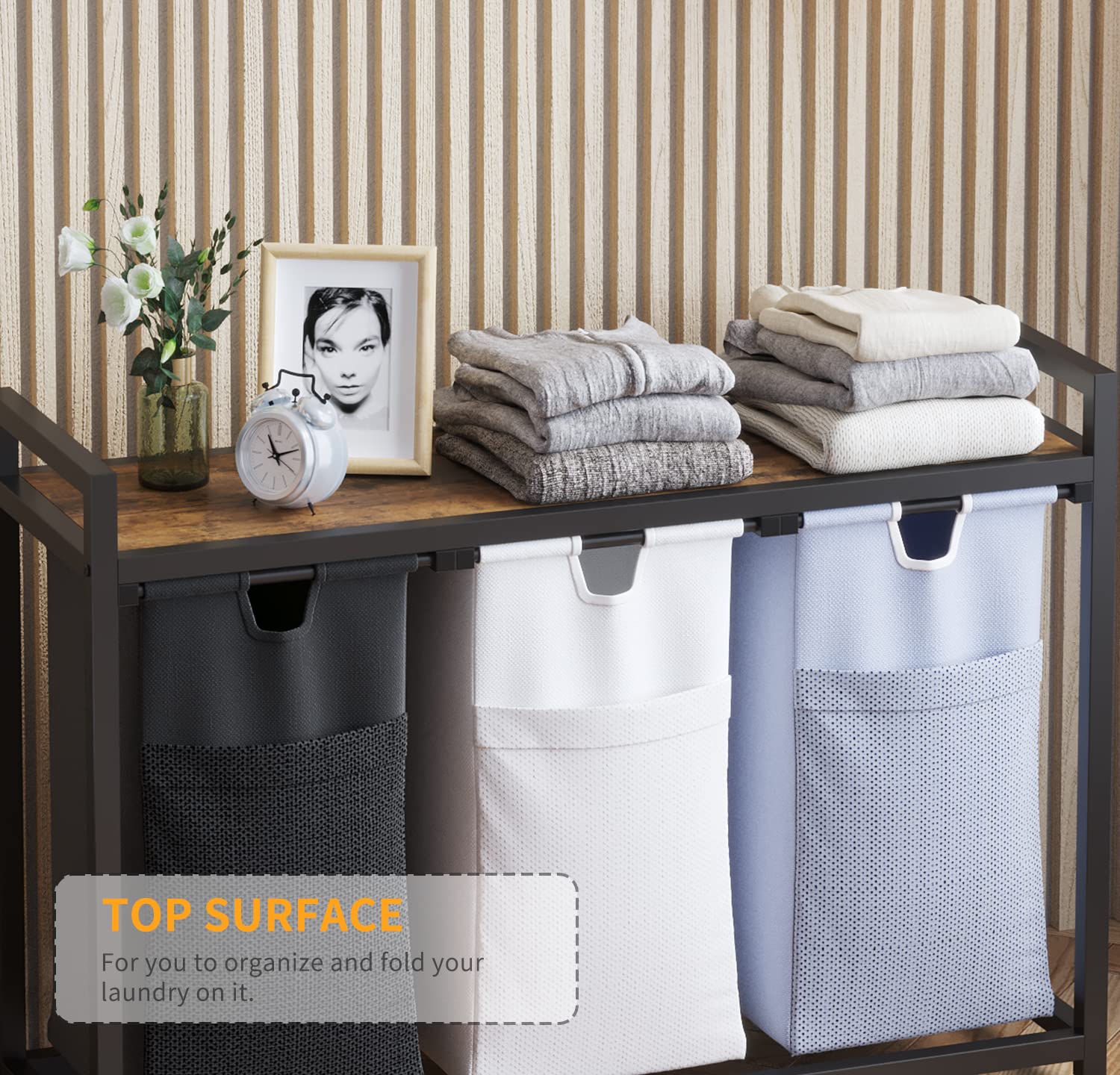 LIVEHOM Laundry Basket Three Laundry Hamper with Removable Bags, Fabric Handles, Large Top Shelf and Laundry Bag for Bathroom, Dorm, Laundry Room