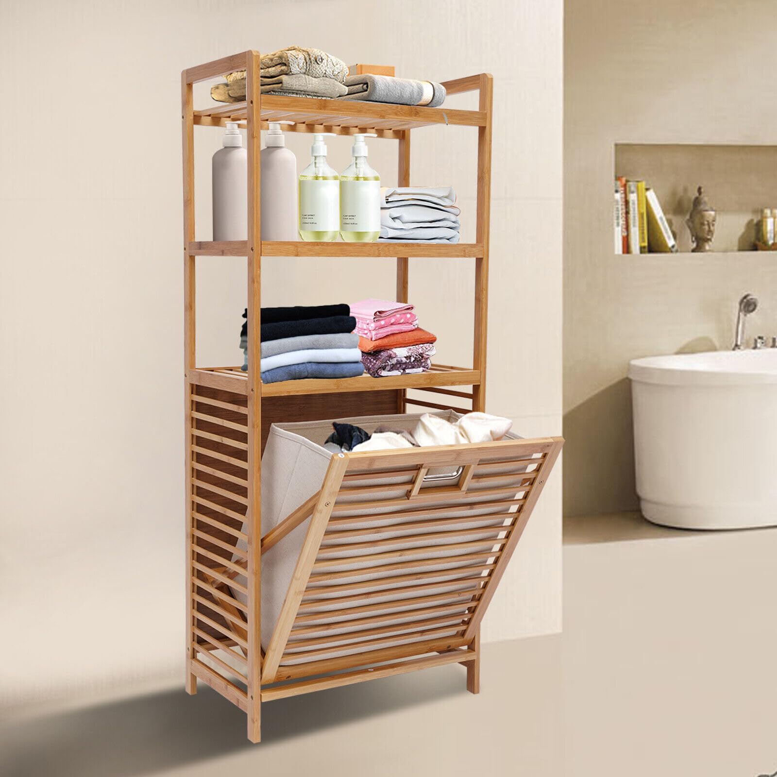 Tilt Out Bamboo Laundry Hamper, Laundry Basket with 3 Shelves Bathroom Cabinet Organizer,4 Tier Shower Caddy Shelf Rack for Bedroom, Bathroom, Closet, Laundry Room