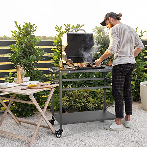 Outdoor Grill Table with Storage for Patio,Double-Shelf Movable Kitchen Cart Island Table on Wheels with Grill Mats,20" x 32" Multi-Functional Heavy Duty Kitchen BBQ Food Prep Table for Grill