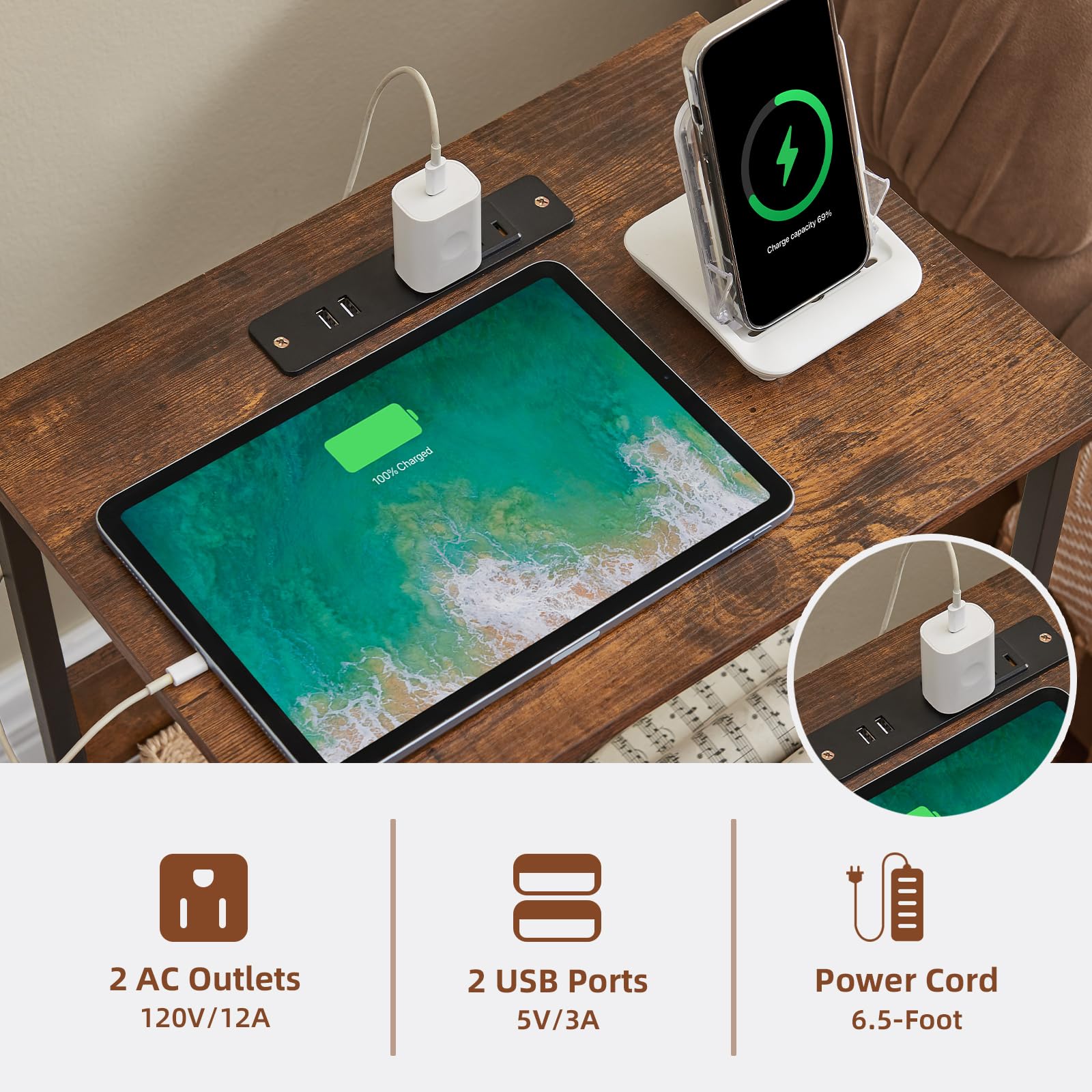 Somdot Night Stand with Charging Station and LED Light for Bedroom, Bedside Table End Table for Dorm Bedside Laundry Closet Entryway Hallway, Wood Grain Print