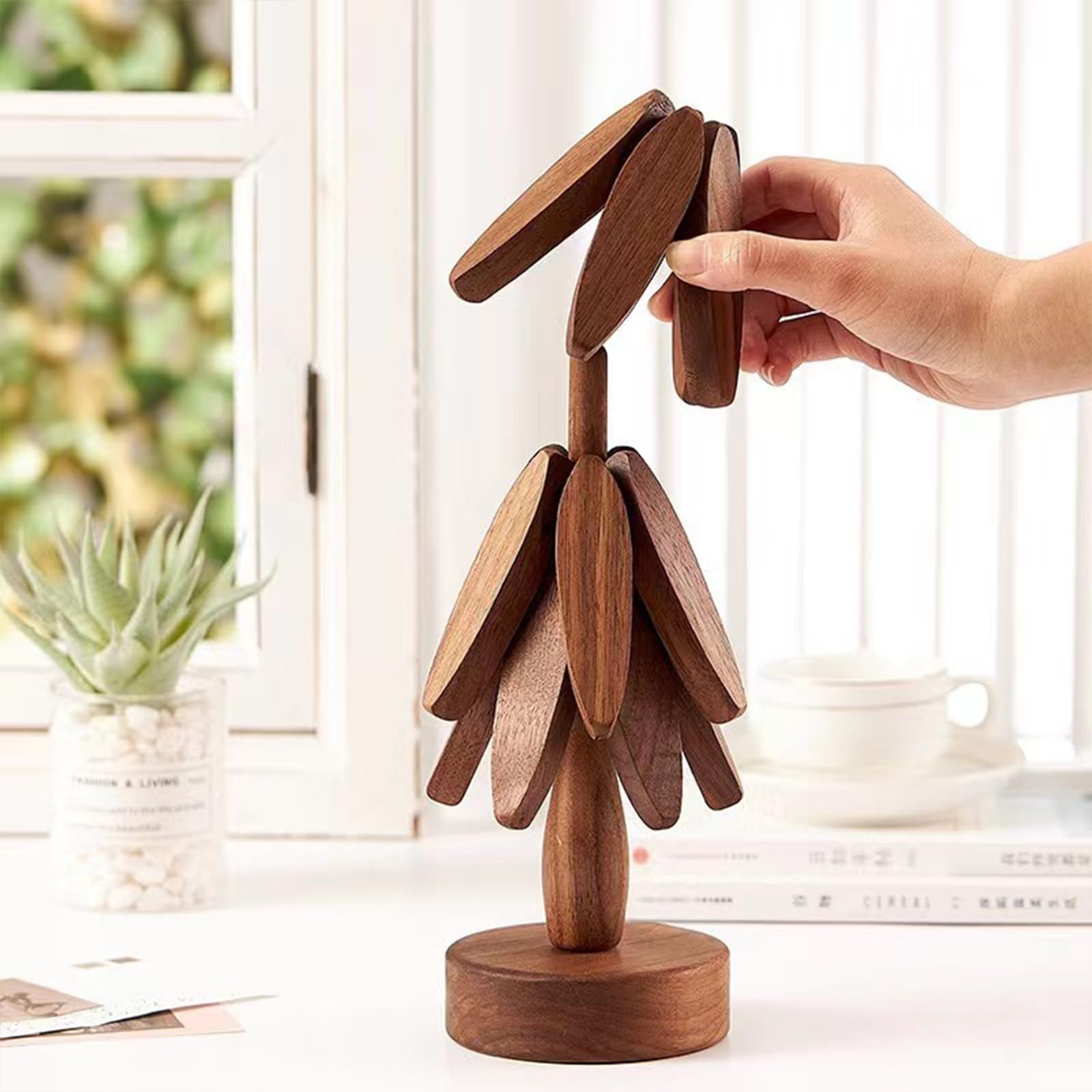 Wooden Tree Coaster, Wood Tree Coaster Set,Tree Coaster, Tree Coaster Stand, Stacking Tree Coaster, Wooden Trivets for Hot Dishes,Tree Shape Trivet Set Coaster for Teapot Hot Pots (Walnut-2PCS)