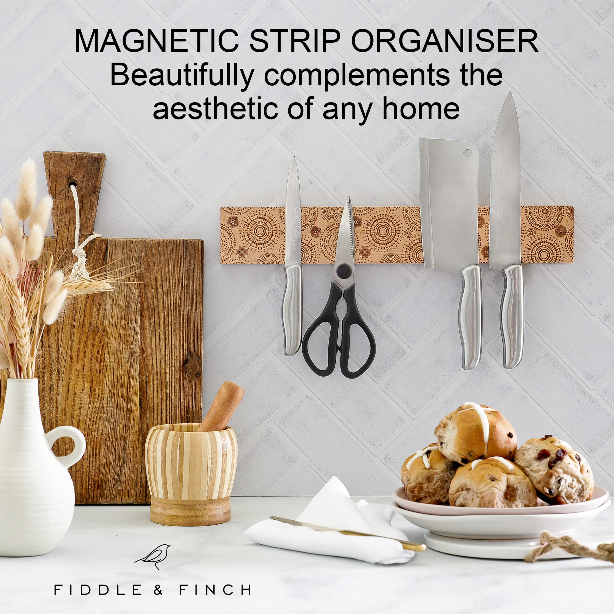 Magnetic Strip Knife Holder β Etched Wood Knife Rack or Bar with Hardware for Hanging & Wall Mounting. β Kitchen Utensil Organizer & Storage by Fiddle & Finch, 16 Inch. Circle Design