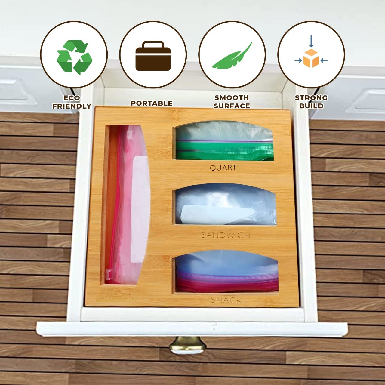 MAGOR ziplock bag Storage organizer for Kitchen Drawer, Bamboo Baggie holder and Storage bag organizer Compatible with Gallon, Quart sandwich and snacks variety size bags (1Box 4 Slots),ZBS 2022
