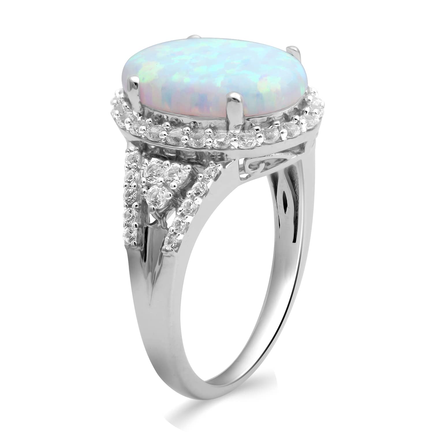 Jewelili Sterling Silver 14x10 MM Oval Created Opal and Round Created White Sapphire Halo Ring, Size 7