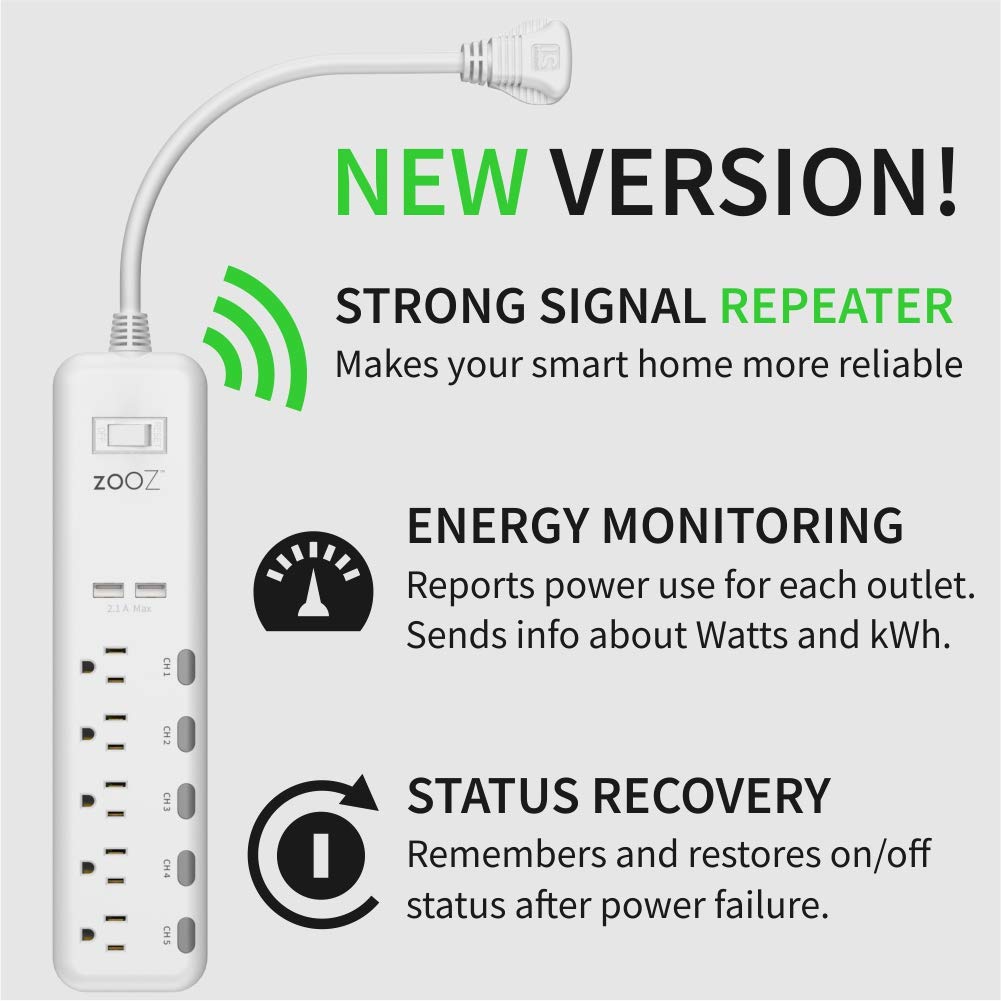 Zooz Z-Wave Long Range Power Strip ZEN20 800LR with Energy Monitoring and 2 USB Ports | Works with Z-Box, Hubitat, Home Assistant, Compatible with SmartThings