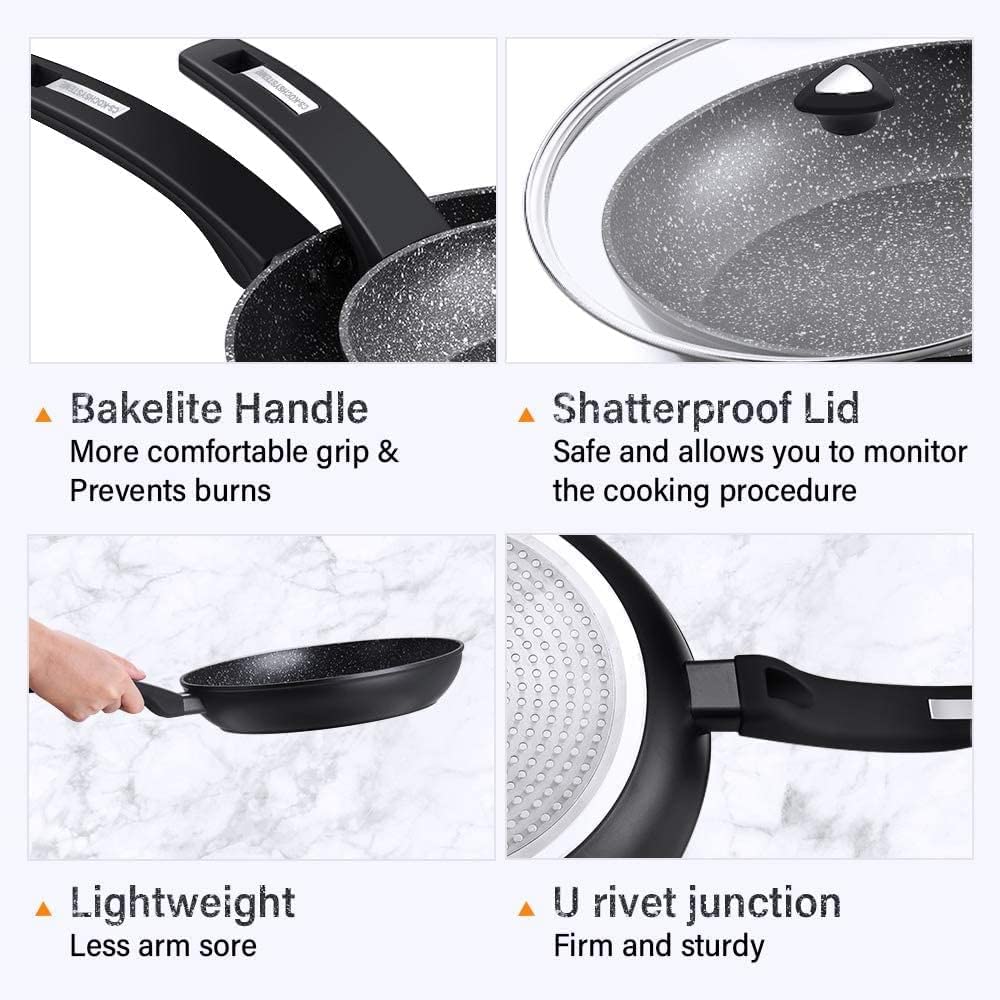 KOCH SYSTEME CS 8''+11'' Nonstick Aluminum Frying Pan Set with Lids, Non-toxic Granite Stone Coating, Easy Cleanup, All Stoves Available, Ideal for Cooking