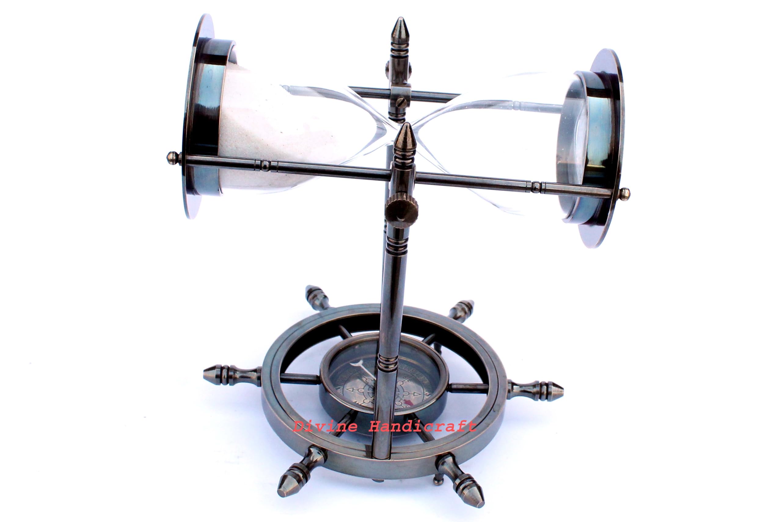 Nautical Maritime Black Antique Full Brass Sand Timer Hourglass with Wheel Compass Base