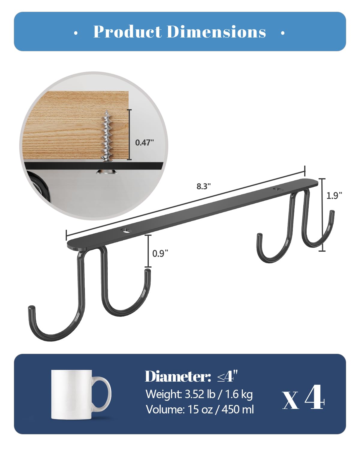 Luckinow Mug Hooks Under Cabinet 3 Pack, Coffee Cup Hooks for Hanging Under Shelf, Mug Organizer Rack with 12 Hooks for Displaying Mugs, Coffee Cups and Kitchen Utensils, Black