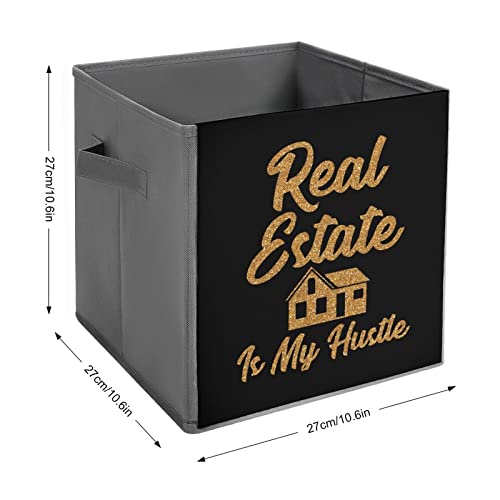 Real Estate is My Hustle PU Leather Collapsible Storage Bins Canvas Cube Organizer Basket with Handles