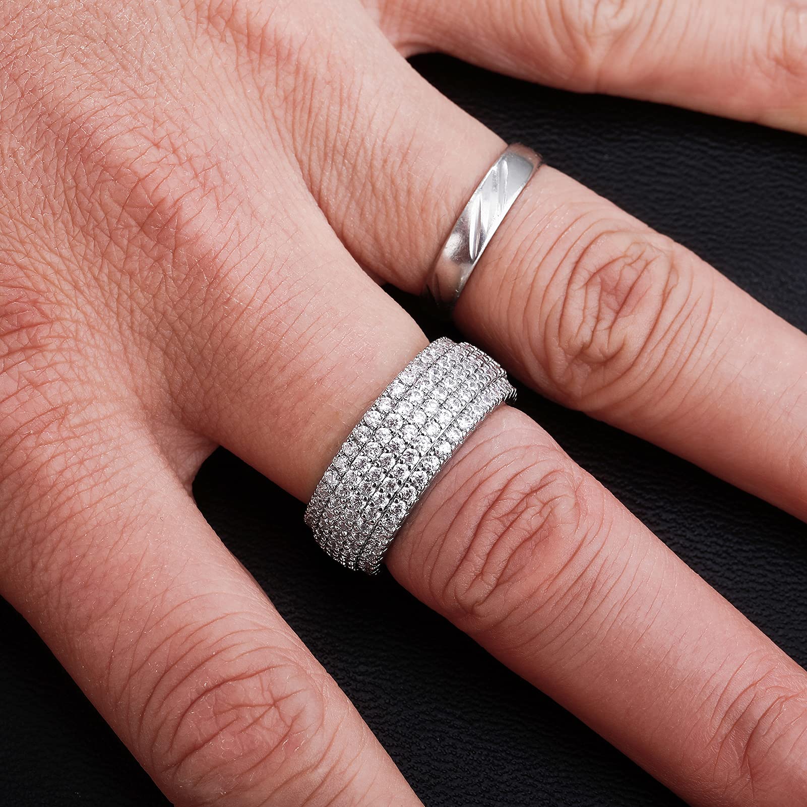 JINAO 9mm 5Rows 14K Gold Plated Iced Out Lab Simulated Diamond Cubic Zirconia Eternity Wedding Band Ring for Men Women (White Gold, 9)