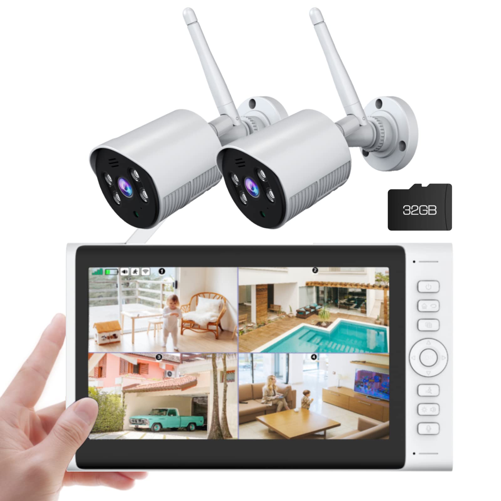 Security Camera System Wireless Outdoor with 7" Portable Monitor, 4Ch Rechargeable NVR with 2Pcs 2MP Home Security Cameras & 32GB SD Card, No WiFi Need, 2 Way Audio, IP66 Waterproof, APP Remote Access