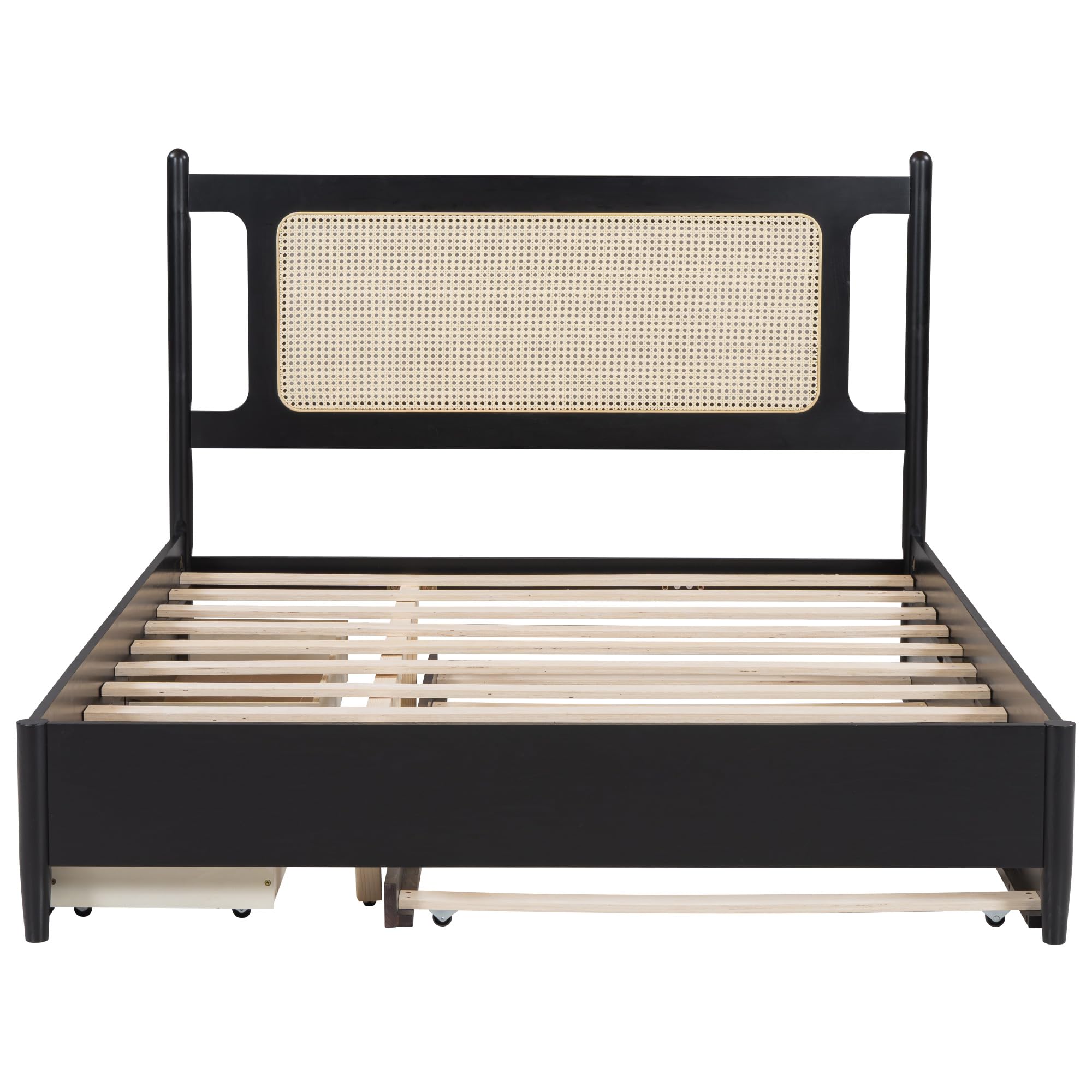 SOFTSEA Queen Size Rattan Bed, Platform Bed with Storage Drawers and Trundle, Wood Platform Bed with Rattan Headboard, No Box Spring Needed, Brown