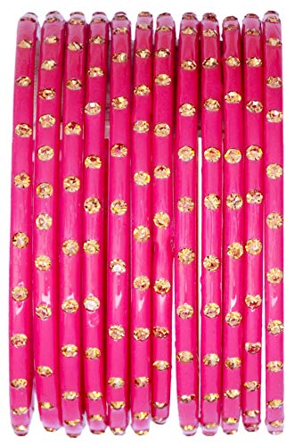JD'Z COLLECTION Indian Bollywood Jewelry Bangles Set Ethnic Glass Wedding Bracelets Bangles 12pc (Fuchsia, 2.6)