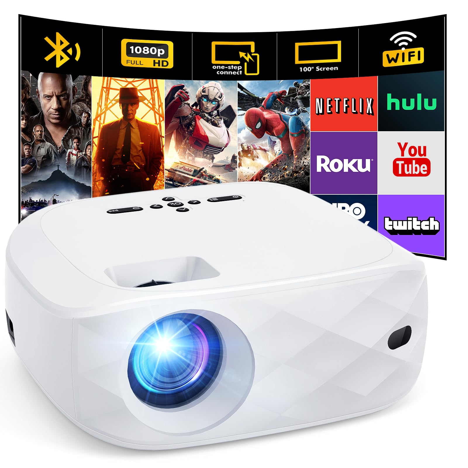 HOWWOO 4K Projector with WiFi and Bluetooth, One-step Mirroring Portable Projector for Phone, Native 1080P Mini Projector with 100" Outdoor Projector Screen, Compatible with Phone/Laptop/TV Stick/PS5